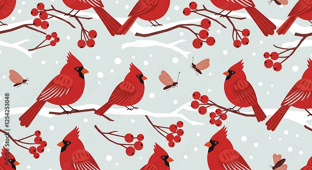 Red cardinal birds cute seamless vector border. Birdwatching, bird ...