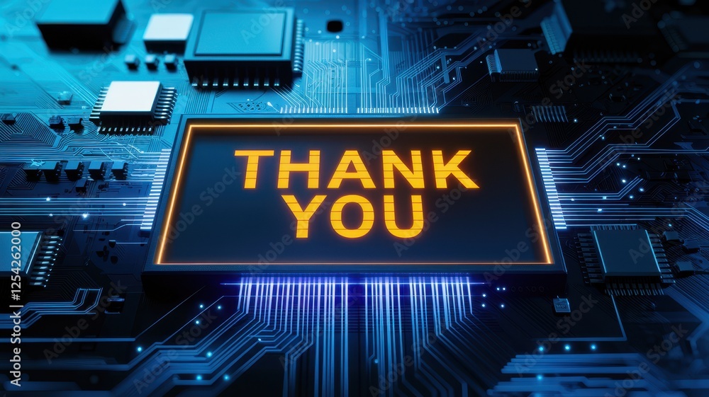 Thank you message displayed on a digital circuit board background Stock ...