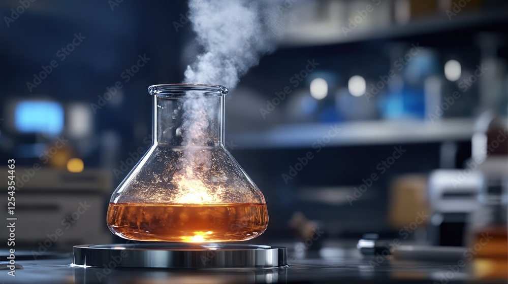 Chemistry lab equipment: flasks, test tubes, chemical solutions, liquid ...