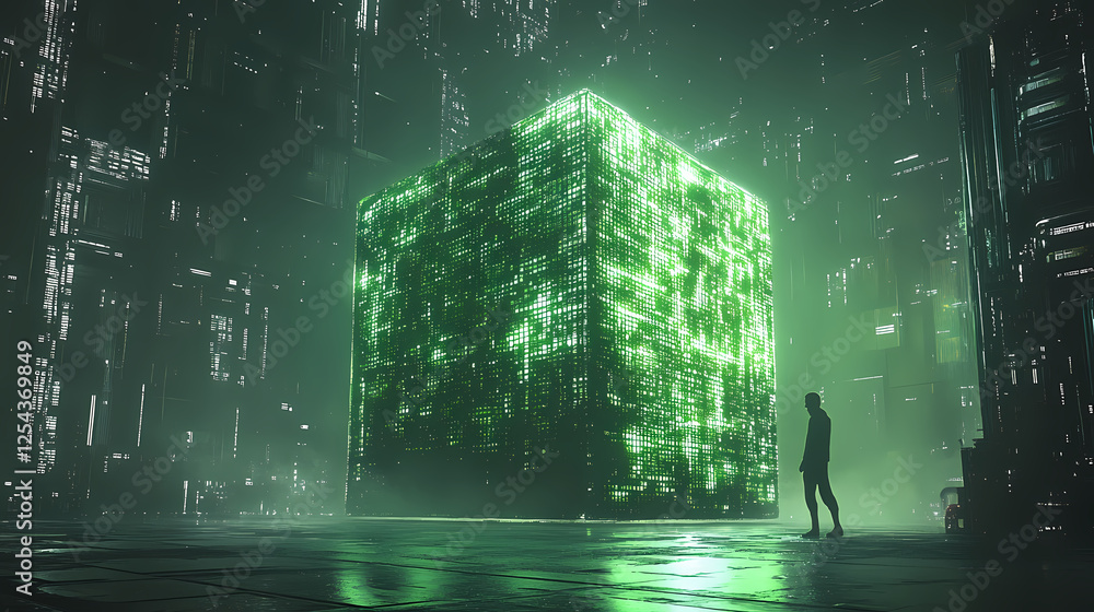 Mysterious Black-clad Figure Before a Giant Glowing Green Cube in a ...