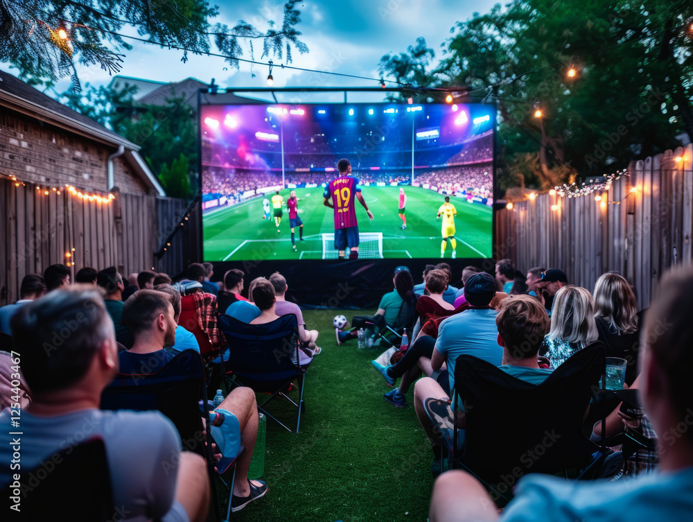 Outdoor Movie Night: A vibrant crowd gathers in a backyard setting ...