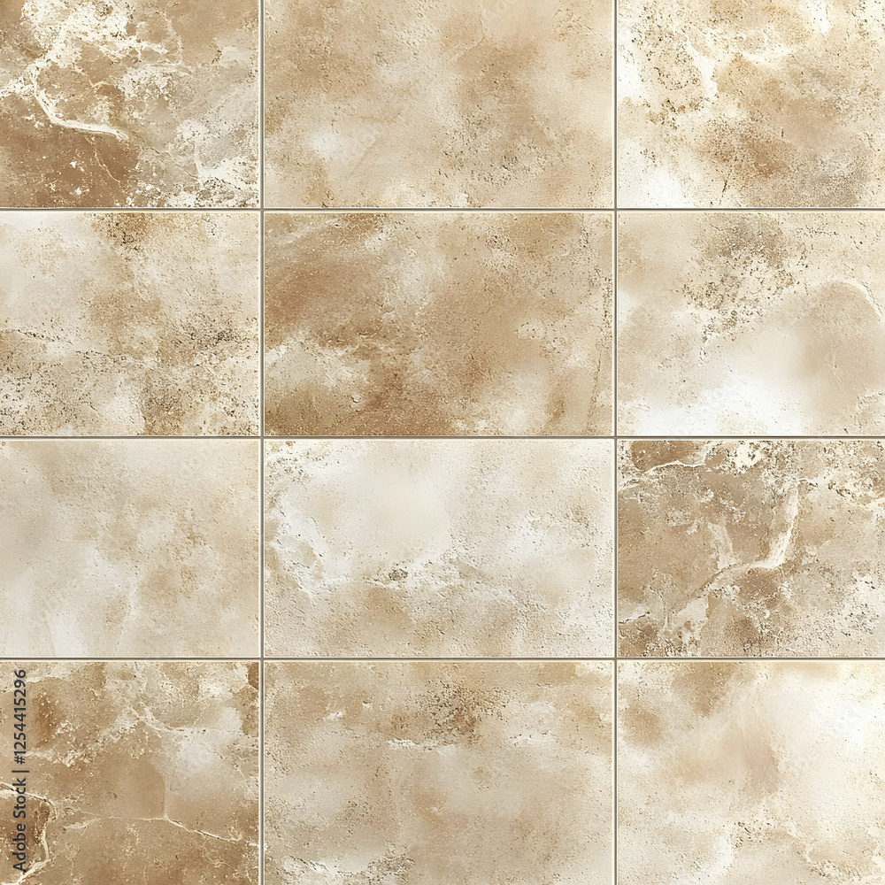 Beige ceramic tiles with a subtle marble effect, arranged in a grid ...