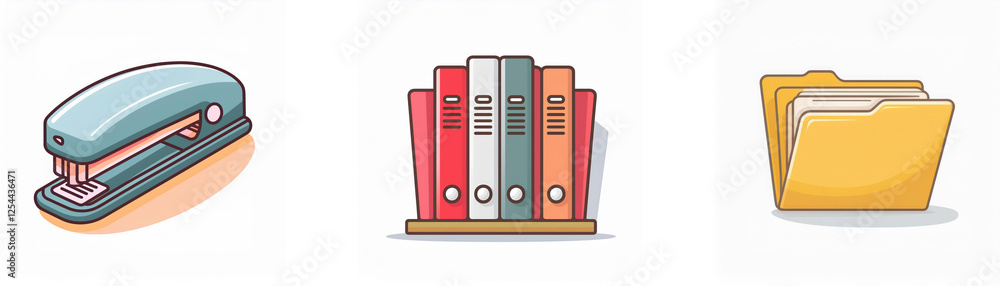 Icons of office tools: a stapler, colorful binders on shelf, and a ...