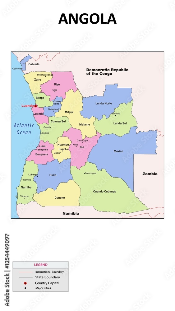 Angola Map. State and union territories of Angola with neighbouring ...