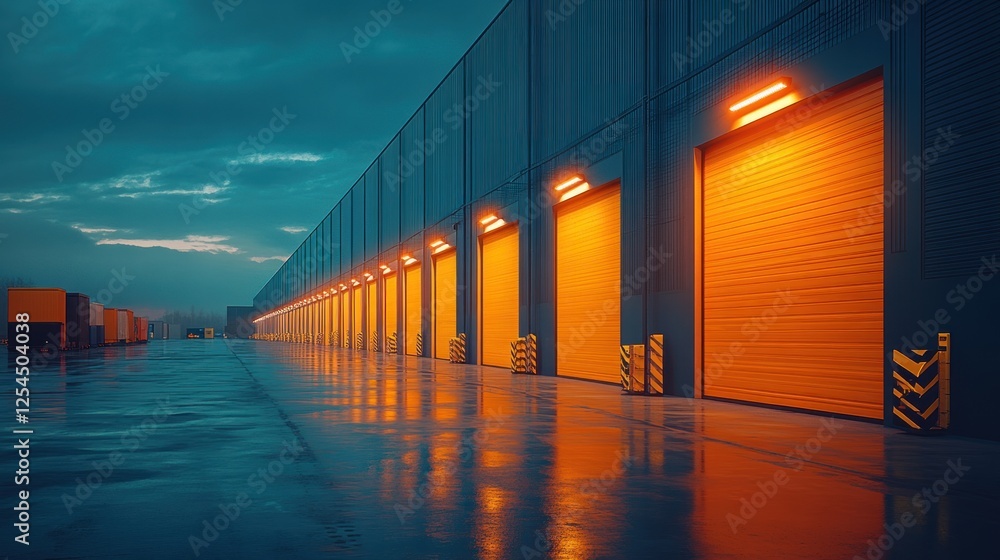 Wet warehouse loading docks at night with illuminated orange roll-up ...