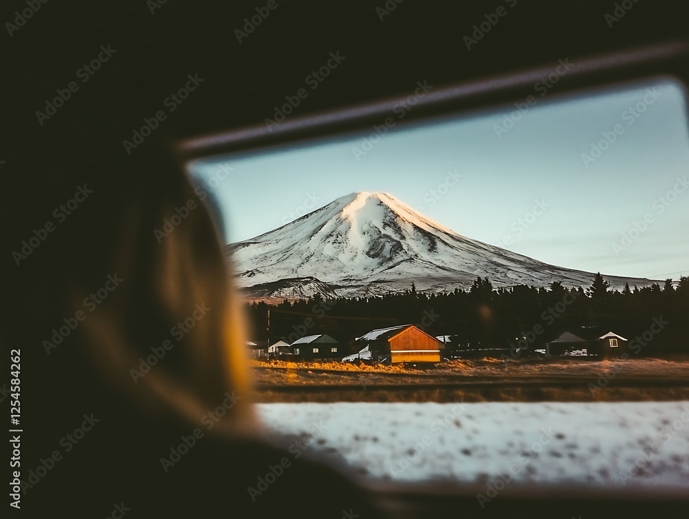 A photo of Mount Fuji taken from the window inside an old train in ...