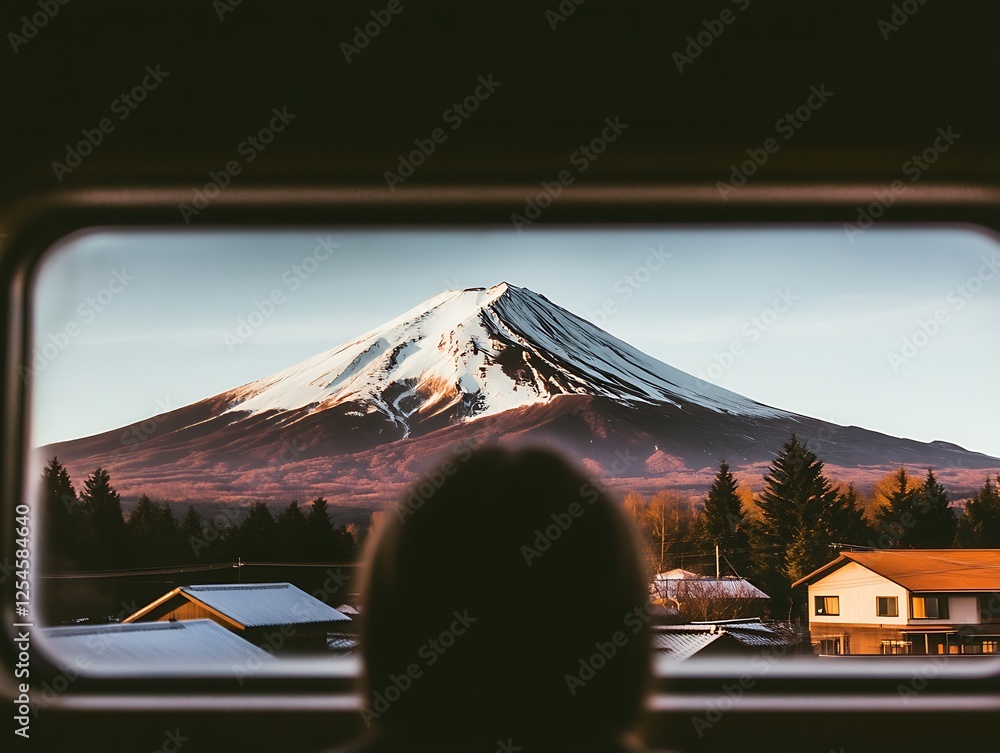A photo of Mount Fuji taken from the window inside an old train in ...