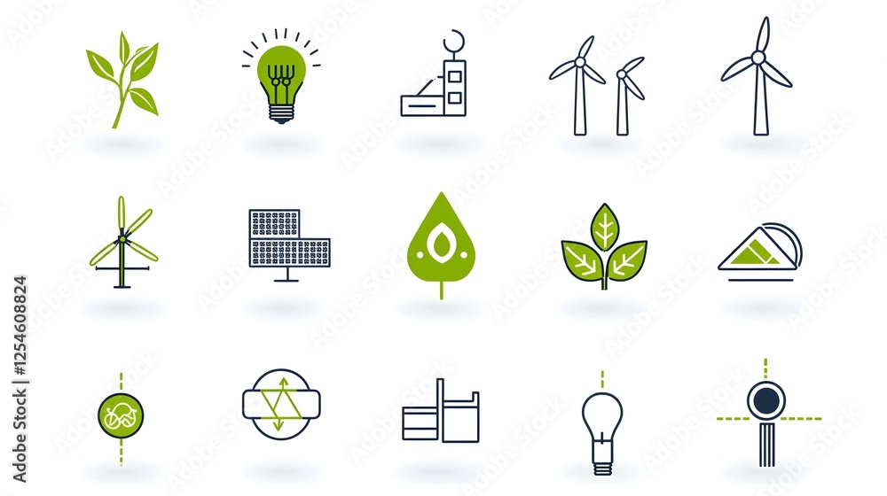 Cohesive line art featuring a set of 15 minimalistic green energy icons ...