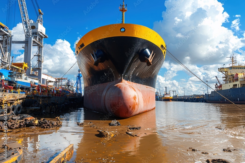Majestic tanker ship under repair in dry dock against a vibrant blue ...