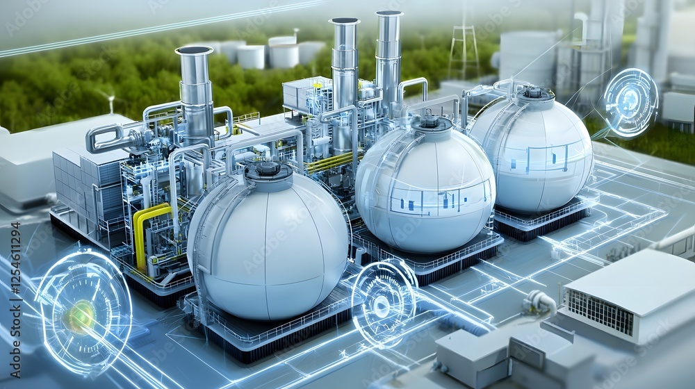 Futuristic aerial view of an advanced hydrogen power plant featuring ...