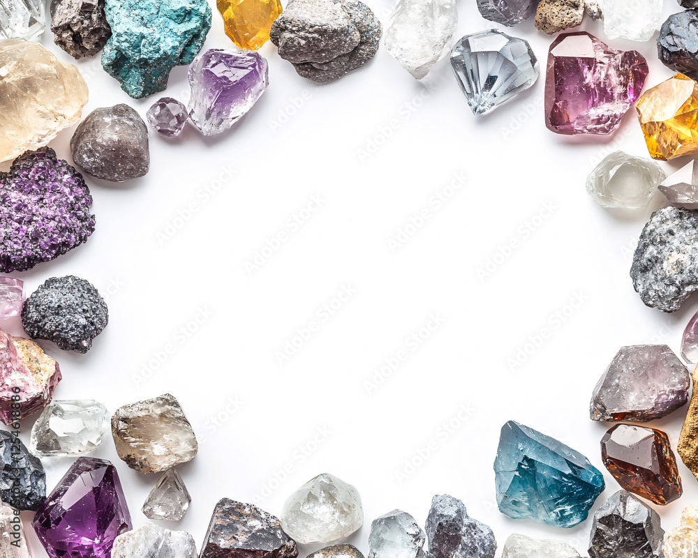 colorful gemstones and crystals frame white background for a vibrant ...