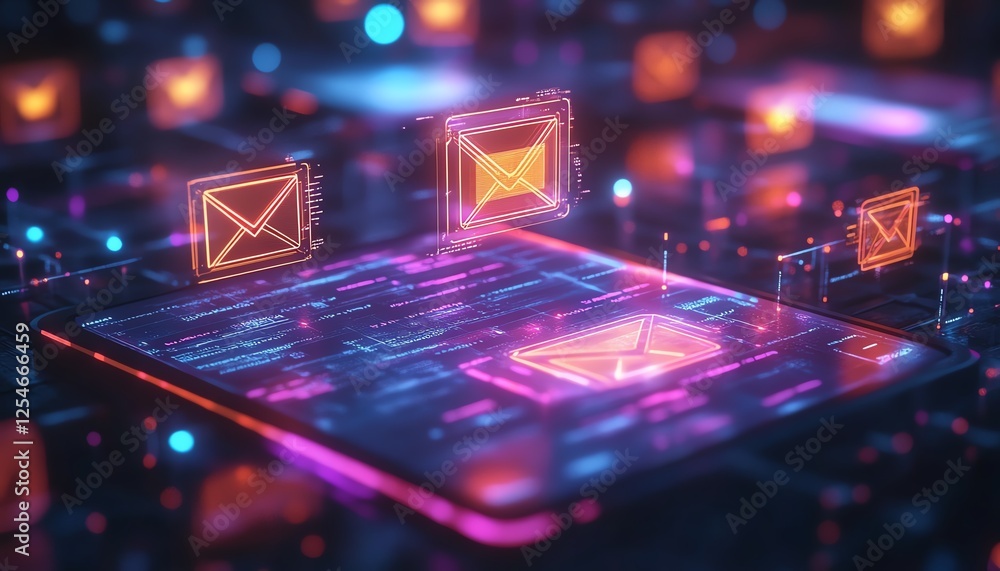 Digital notification alerts and email icons floating over tablet screen ...