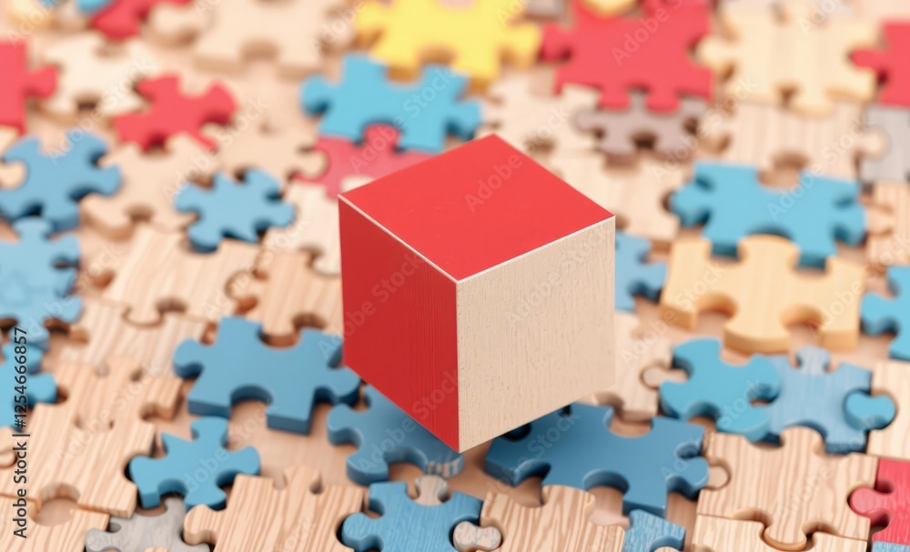 Geometric block with a background of vibrant wooden puzzle pieces ...