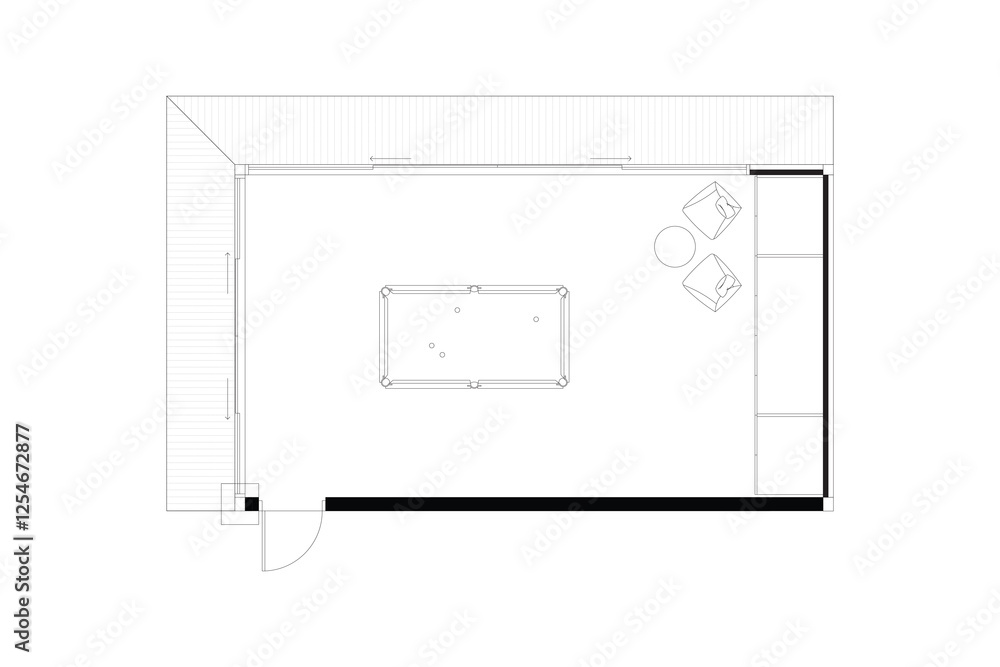 2 dimension of layout of biliard room of furniture plan, black lines on ...