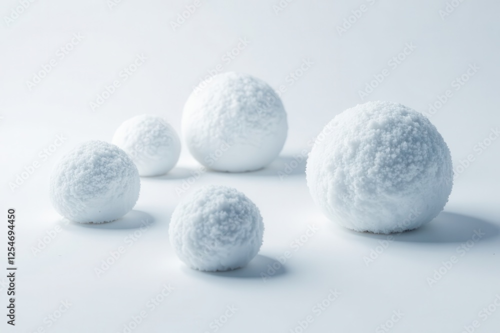 Perfectly round snowballs, various sizes, pristine white background ...