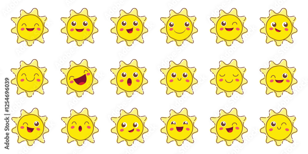Sun characters outline clipart set. Sunshine emoticon happy face ...