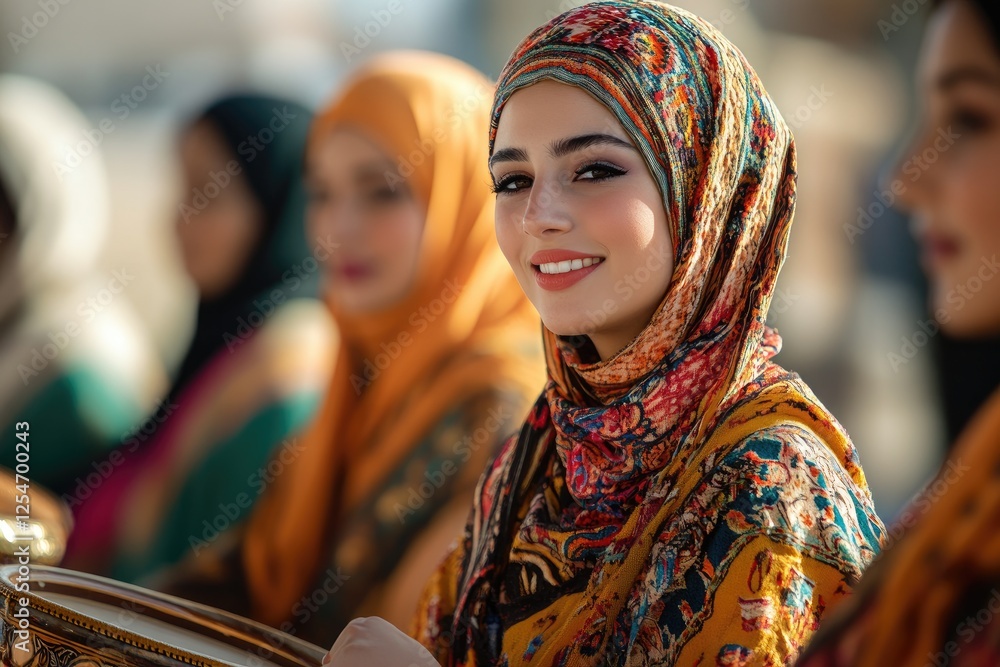 Smiling muslim woman playing daf drum with colorful hijab and ...