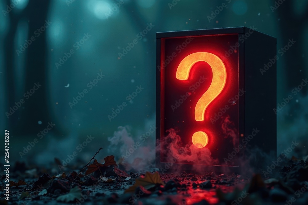 Glowing question mark in misty box Eerie, spooky scene , wonder, fog ...
