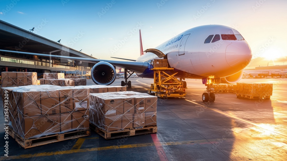 Air Cargo Transportation at Sunset with Airplane and Cargo Pallets at ...