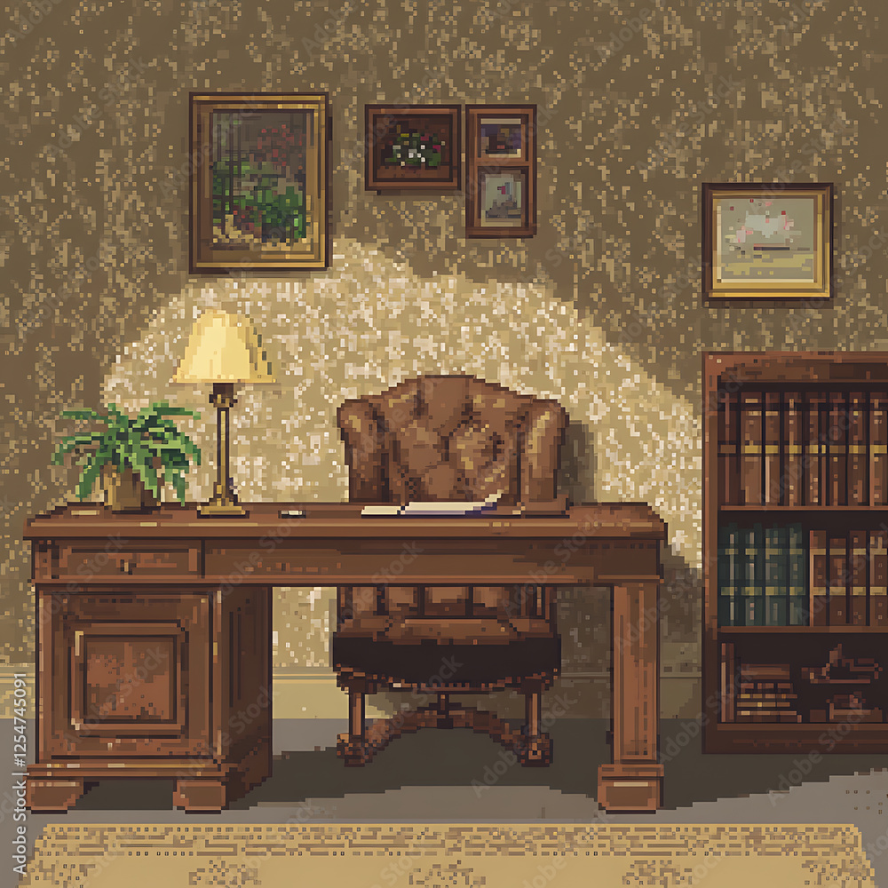 A classic pixel art study featuring an antique wooden desk, a vintage ...