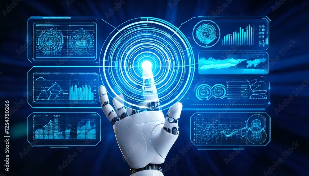 Futuristic AI-powered robotic hand touching a holographic interface with data analytics ...