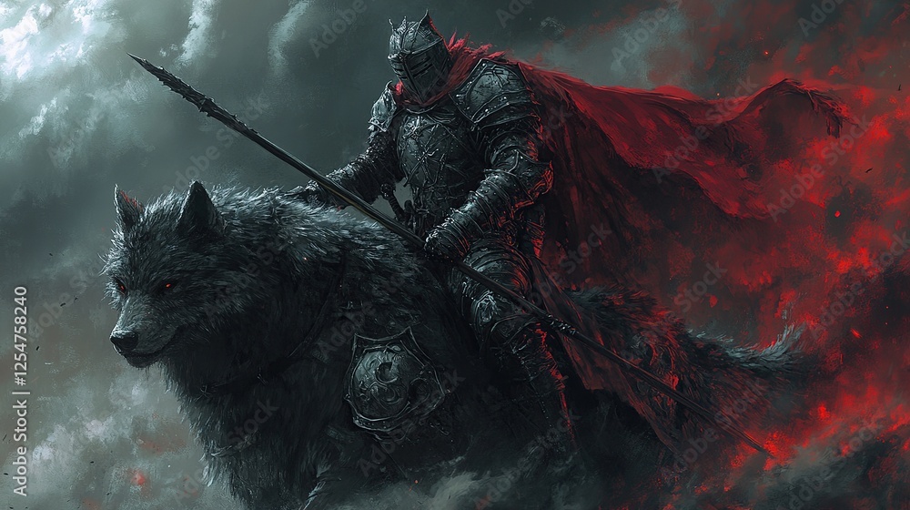 Dark knight riding a black wolf, red cape billowing, spear held high ...