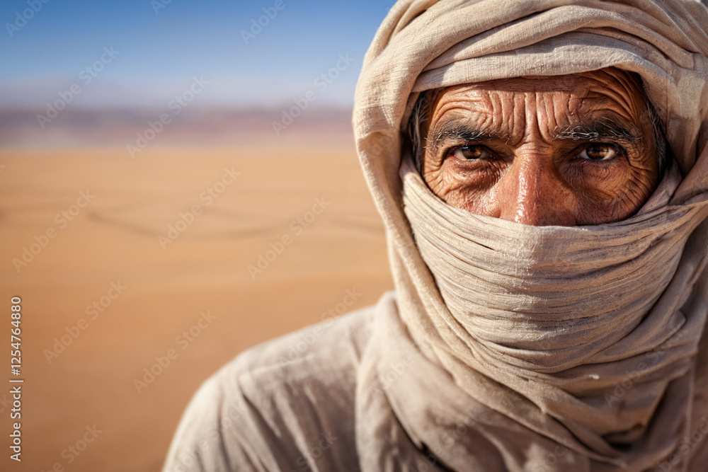 Old man, past man. Arab, looking at camera on desert background. AI ...
