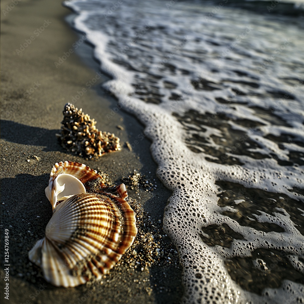 Seashells on sandy beach, ocean waves; nature background, website ...