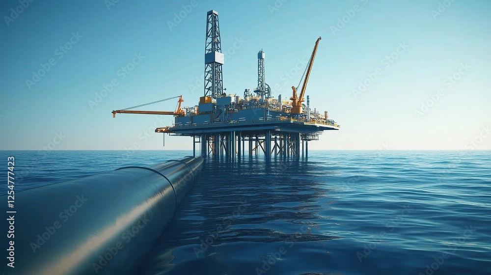 Offshore oil rig platform in the ocean, connected by an underwater ...