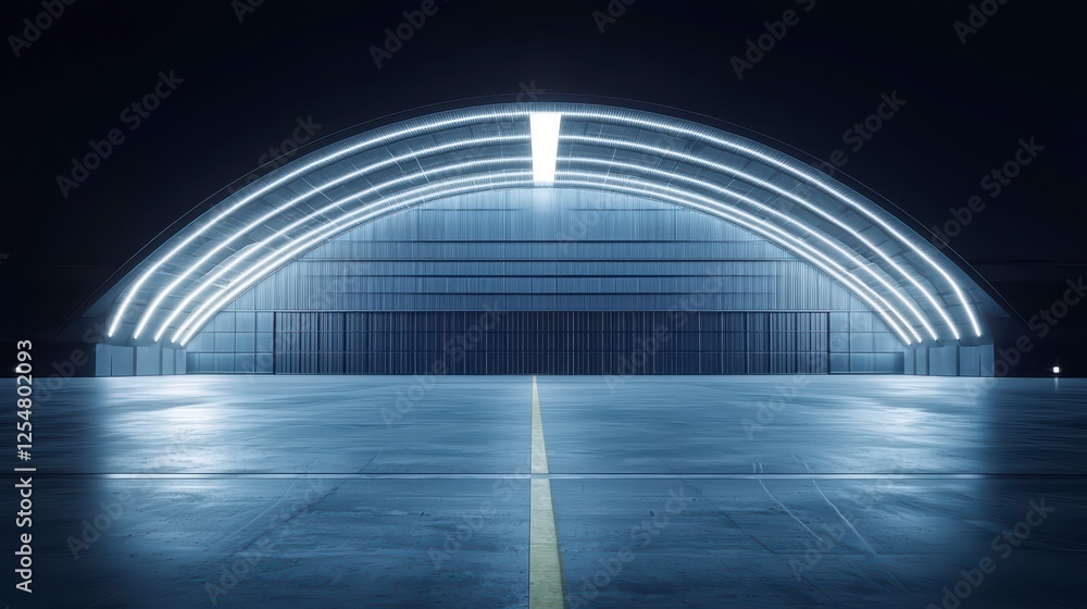 Futuristic Hangar: A sleek, futuristic hangar with a massive arched ...