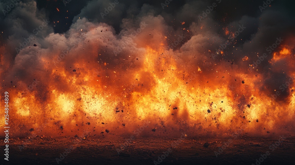 Fiery explosion with smoke and debris, intense orange flames against ...
