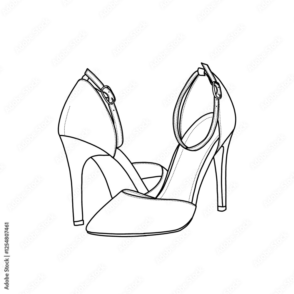 Technical sketch of women's pointed toe ankle strap with buckle high ...