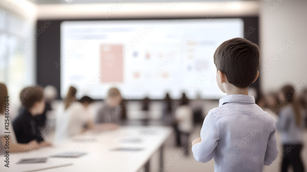 A sleek, modern classroom where students collaborate on a massive digital touch screen table ...