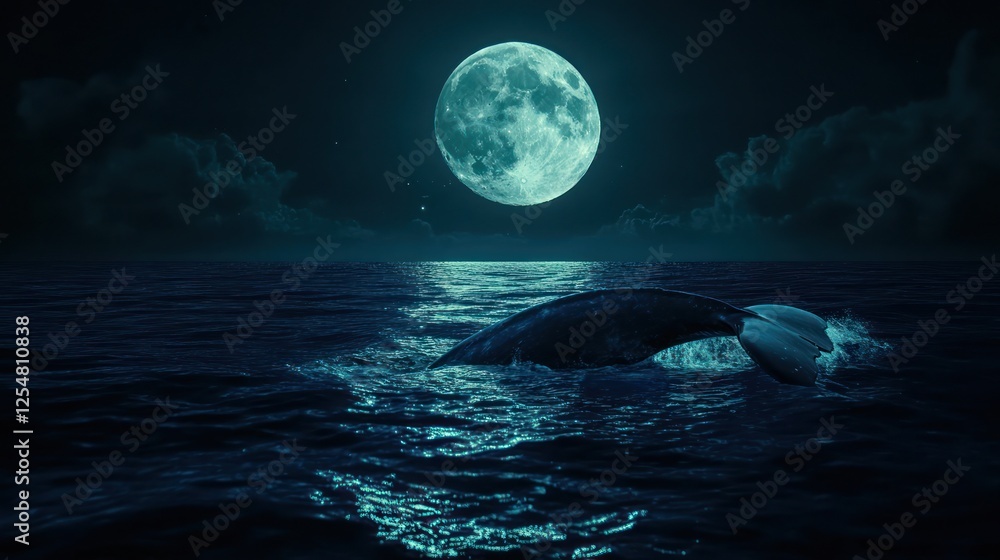 Whale's tail emerges, moonlit ocean, night sky, calm sea, nature scene ...