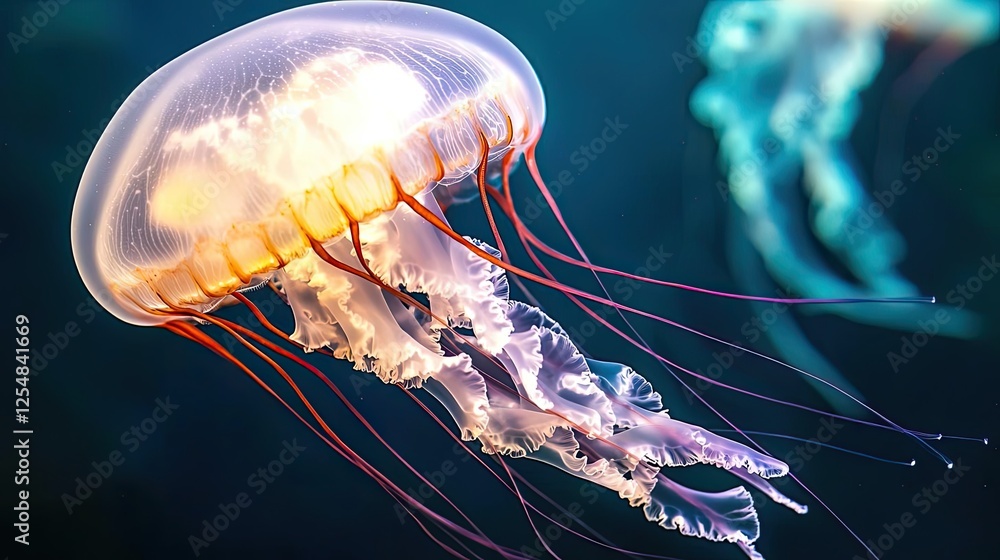 Marine food chain microscopic concept. A vibrant jellyfish swims ...