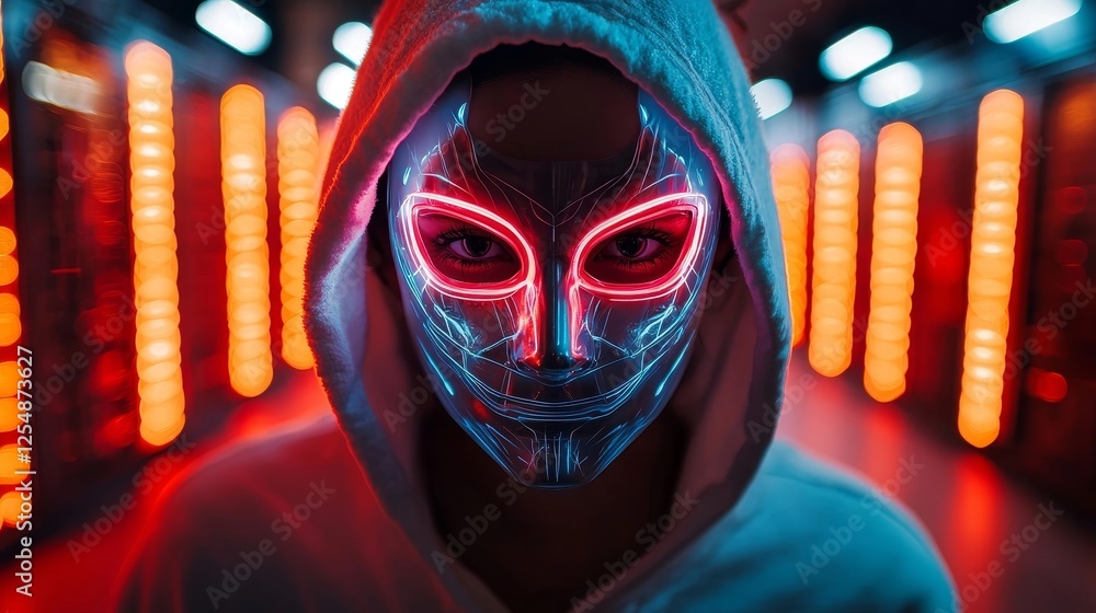 Hacker Wearing Sleek Glowing LED Mask in Neon Lit Futuristic Server ...