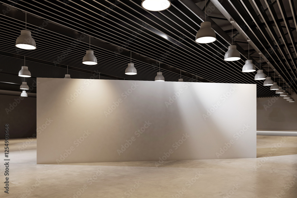 Blank exhibition stand in modern gallery space with concrete floor and ...