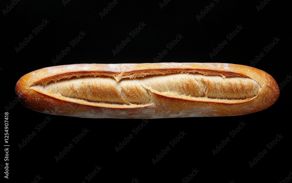 Detailed view of a classic French baguette, its golden crust and fluffy ...