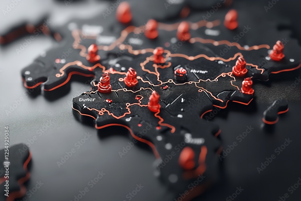 Detailed map highlighting locations with red markers and intricate ...