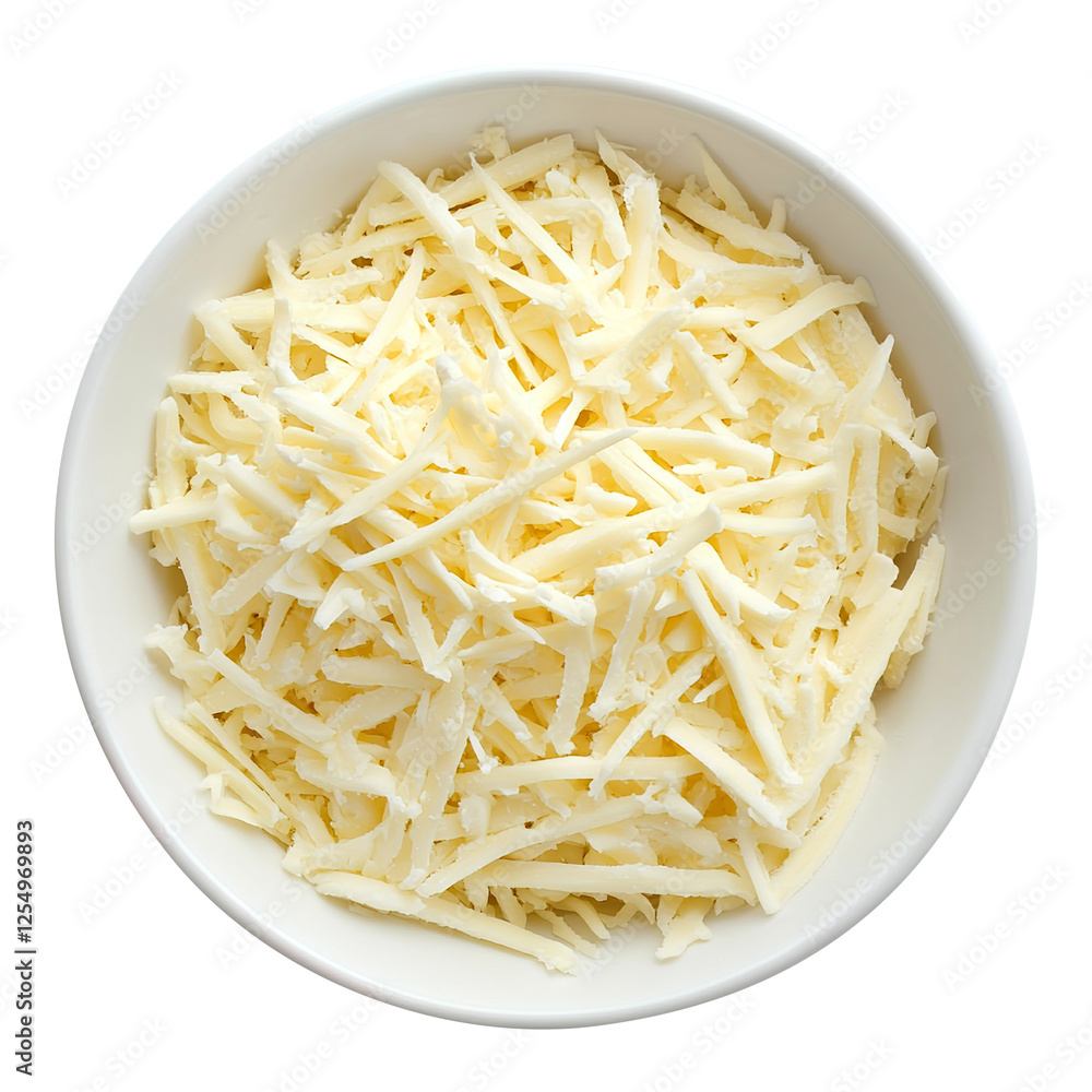 Mozzarella cheese shredded in a white bowl top view isolated on ...