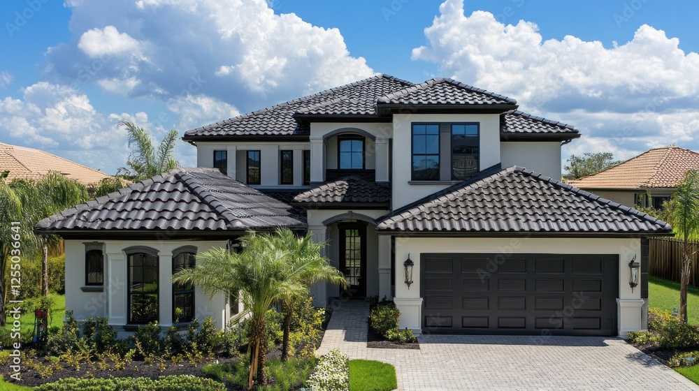 An up-close look at a home's roof with modular tile panels and steel ...