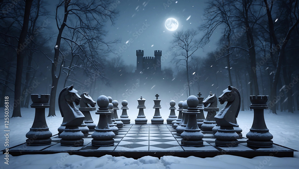 Giant Stone Chess Pieces in a Snowy Forest at Night, Illuminated by ...