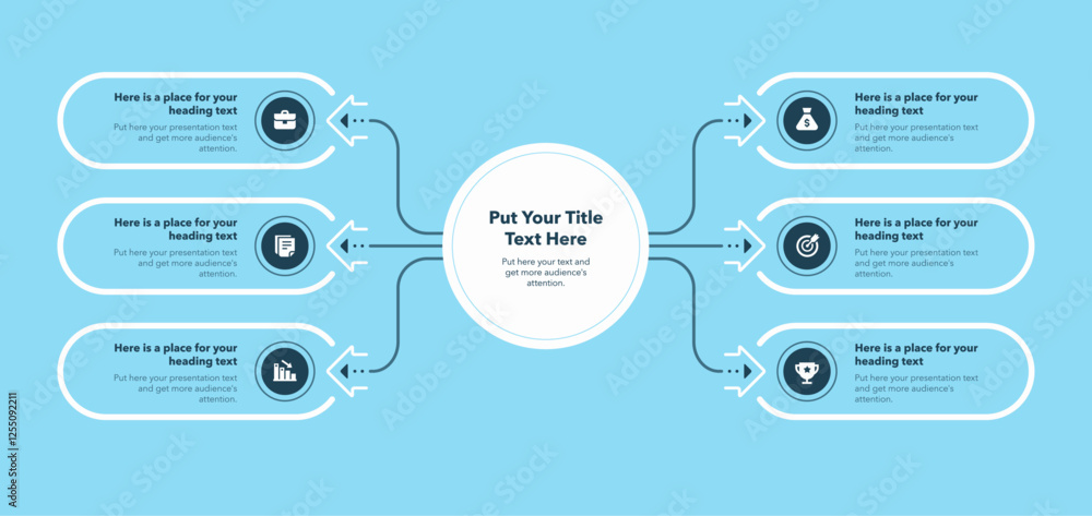 Flowchart infographic with central circle and six options - blue ...