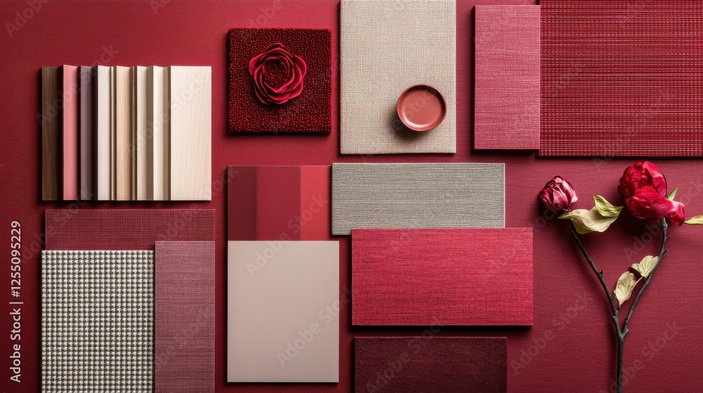 Modern flat lay composition in wine red color palette with textile and ...