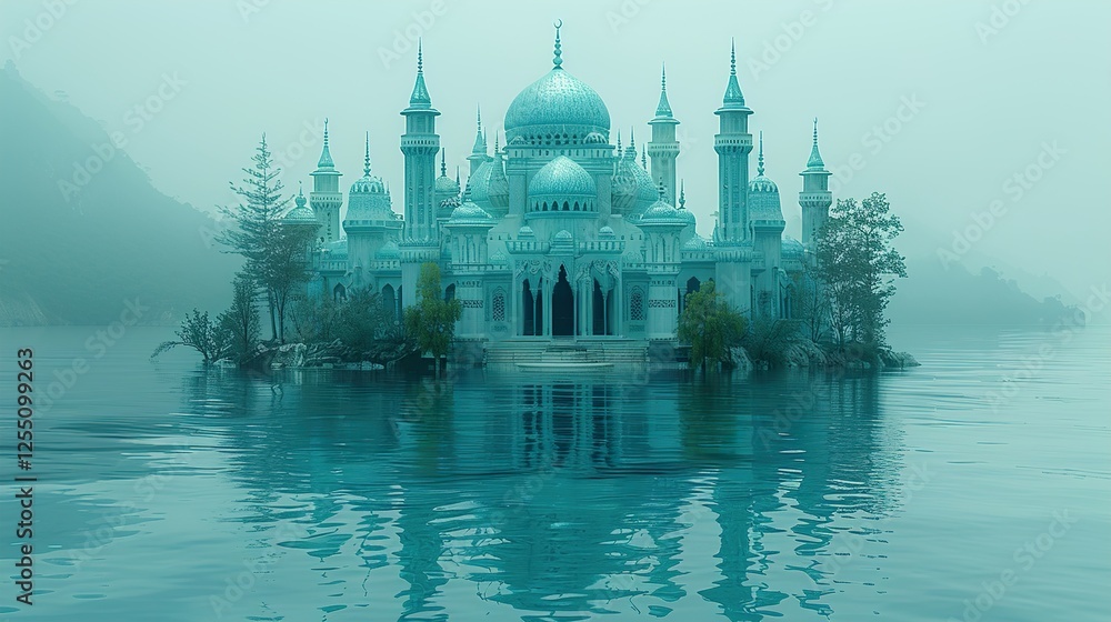 Solid turquoise background with a central illustration of a mosque HD ...