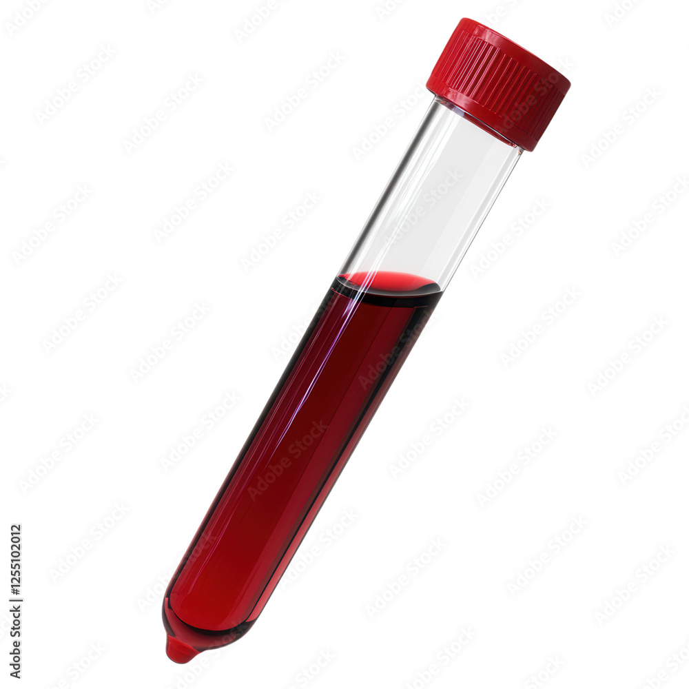 Blood test tube filled with vibrant red liquid, transparent background ...