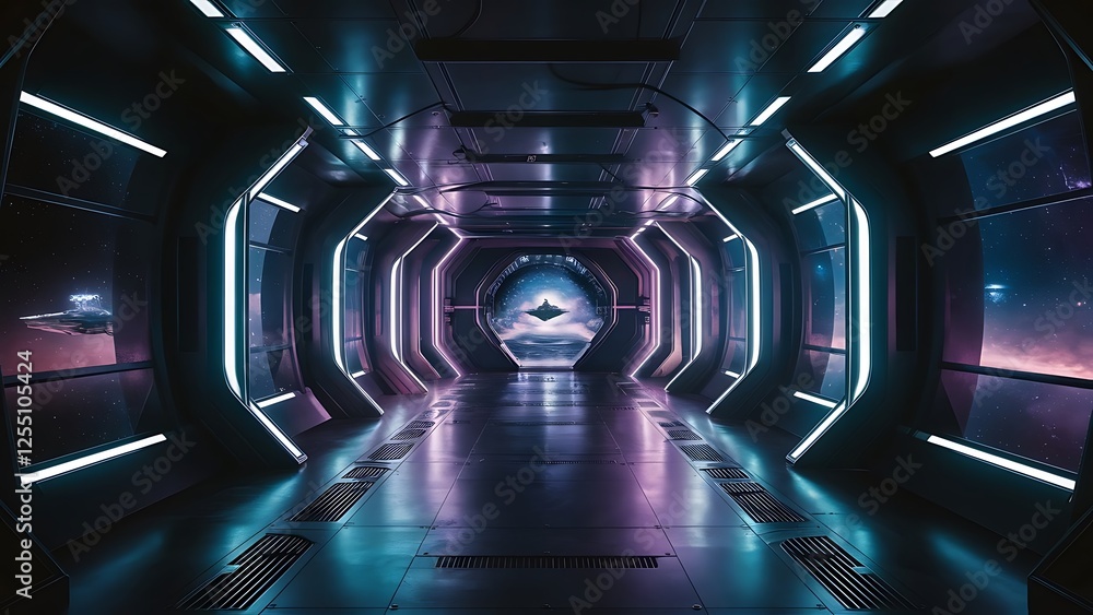 Modern futuristic neon light glowing Sci Fi space station. realistic ...