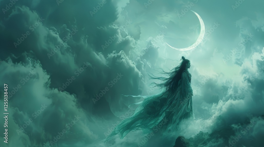 Mythical creatures. Japan myth. Tsukuyomi-no Mikoto, a figure of ...