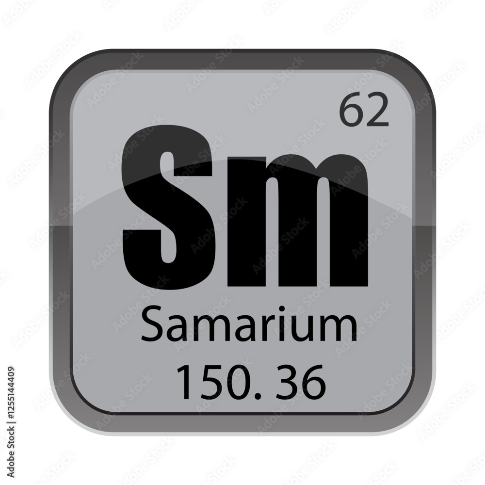 Sm samarium 62. Sixty two symbol. Atomic mass 150.36. Gray metal tile ...