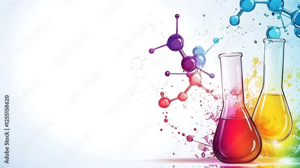 Colorful lab flasks with molecules. Background splash art. Stock image ...